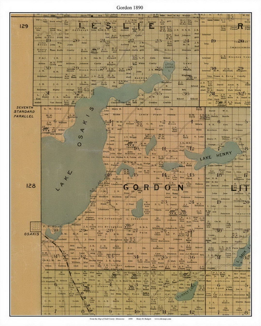 Gordon - 1890 - Old Town Map With Homeowner Names Minnesota - Lake ...