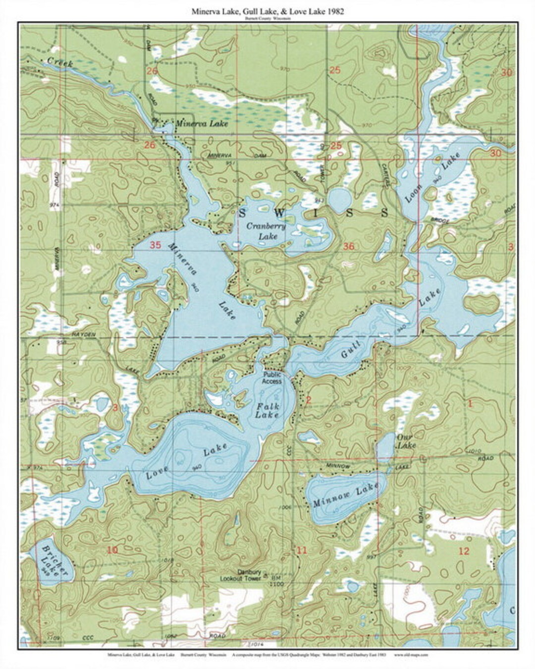 Minerva Lake and Gull Lake 1982 Love Lake Burnett County - USGS Old ...