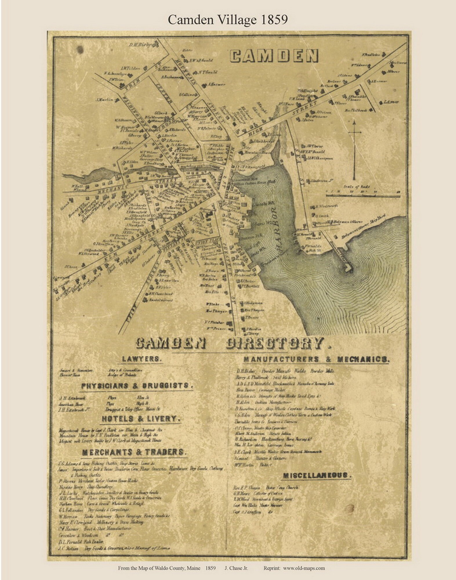 Camden Village 1859 Old Town Map With Homeowner Names Maine Reprint ...
