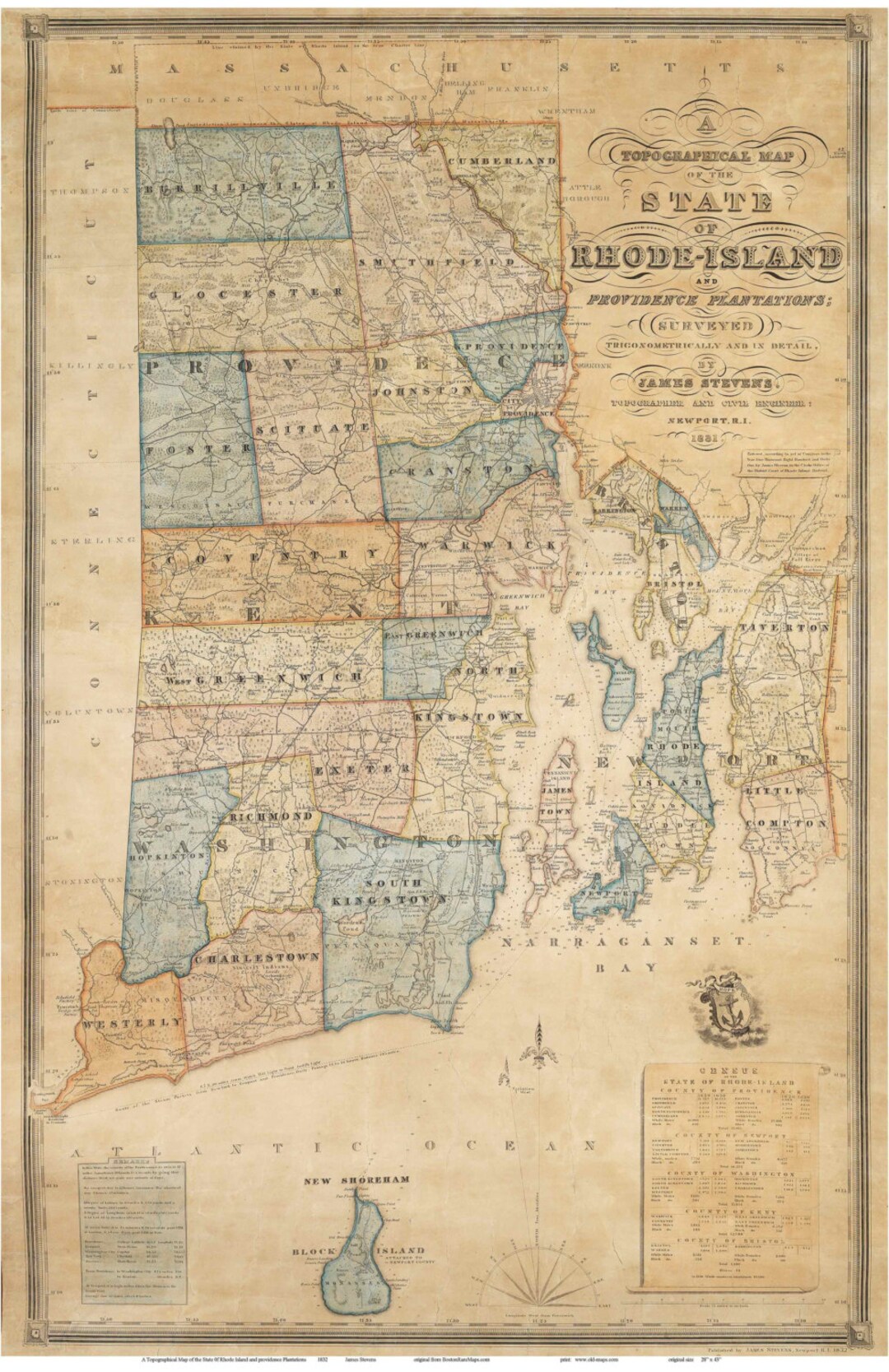 Rhode Island 1831 Map With Early Placenames - by J. Stevens Old Map ...