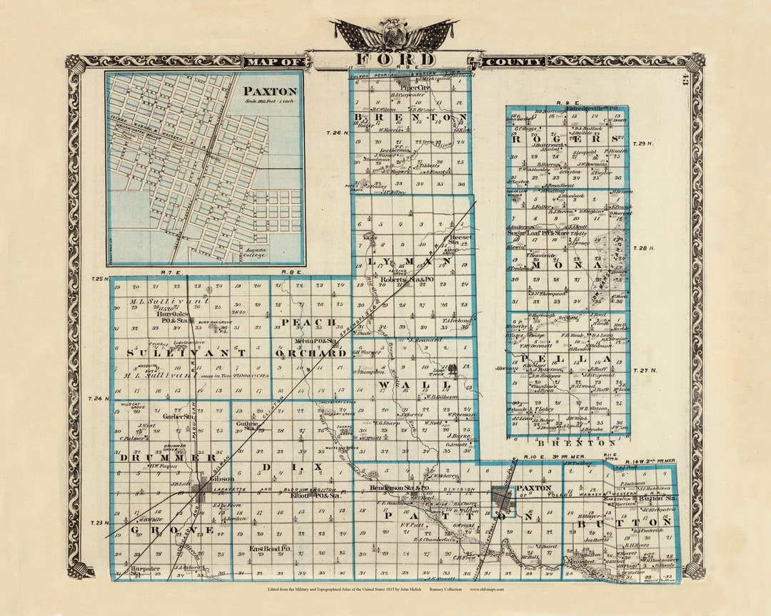 Ford County Illinois 1876 Map Paxton Reprint With Homeowner Names ...