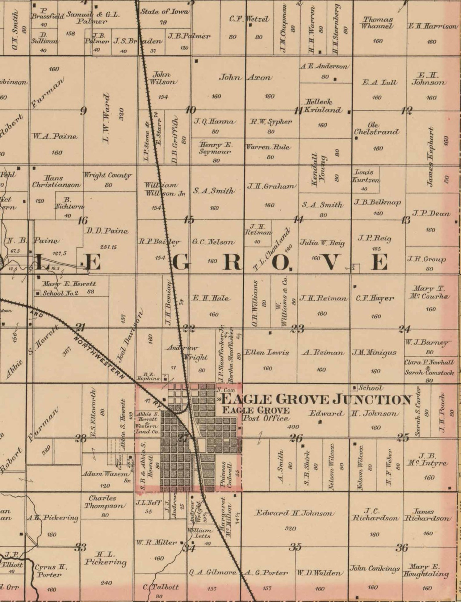 Wright County Iowa 1885 Old Wall Map With Landowner Names Farm Lines ...