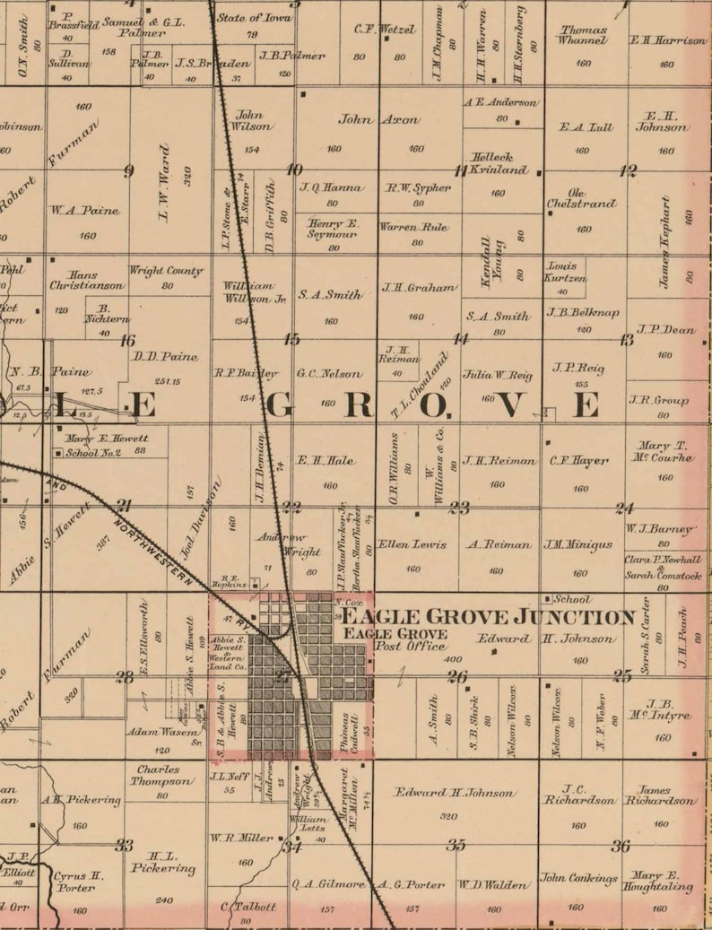 Wright County Iowa 1885 Old Wall Map With Landowner Names Farm Lines ...