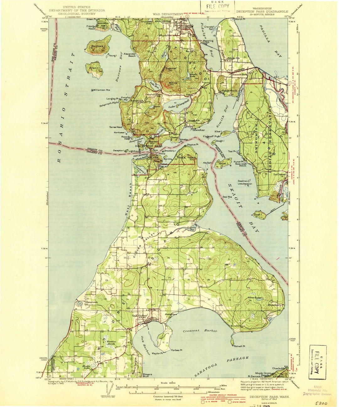 Deception Pass 1943 (1943) Old Topo Map - Quad Reprint - 15x15 USGS ...