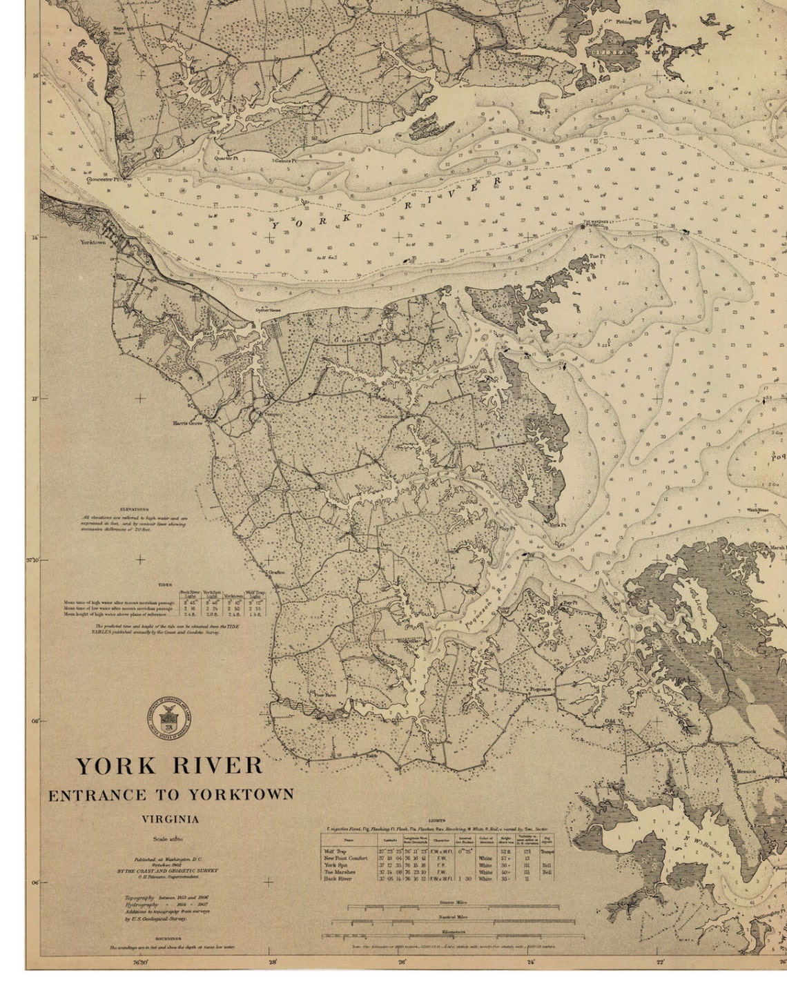 York River Entrance to Yorktown - 1908 Nautical Map - Chesapeake Bay ...