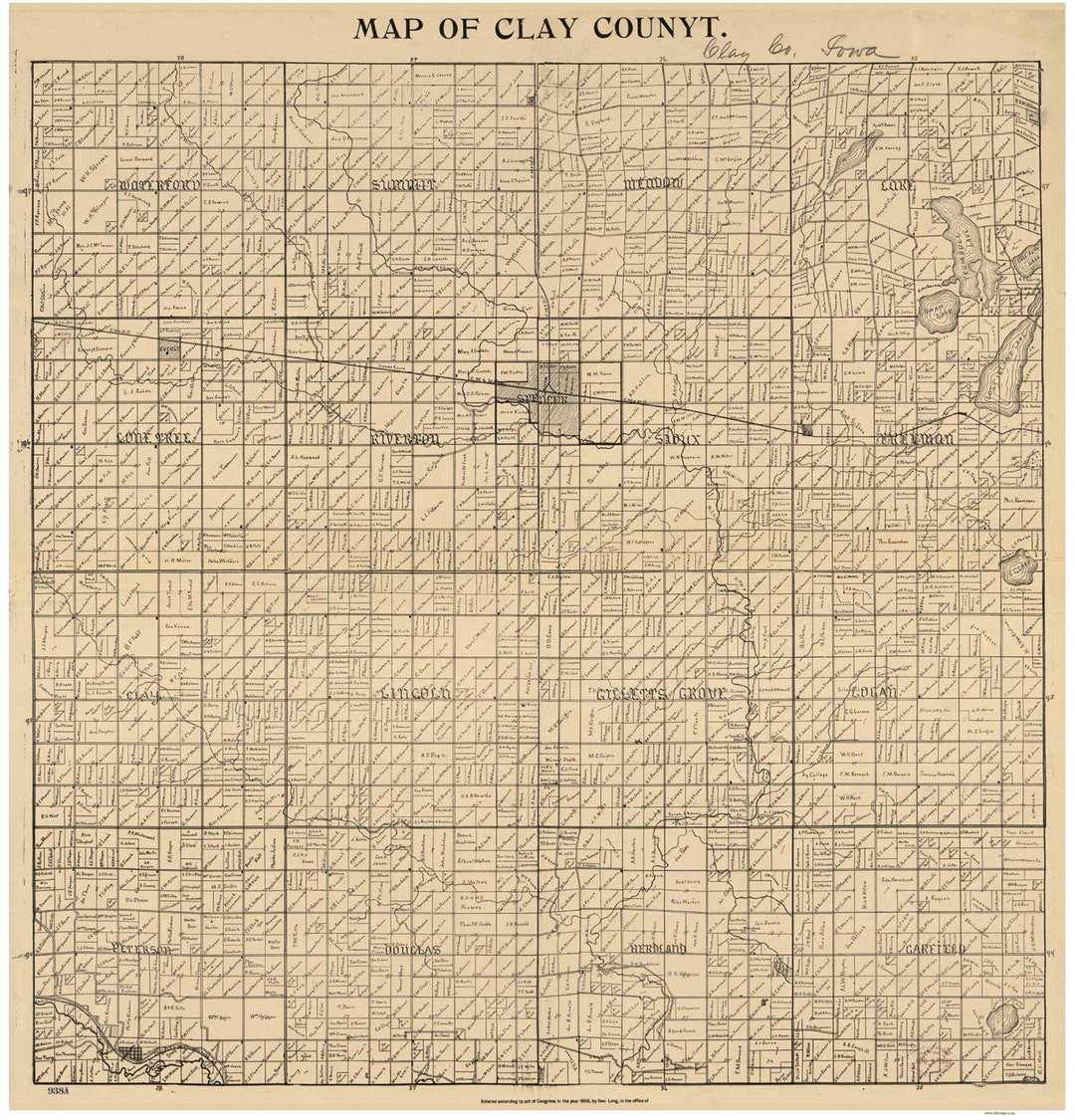 Clay County Iowa 1896 Old Wall Map With Landowner Names Farm Lines ...
