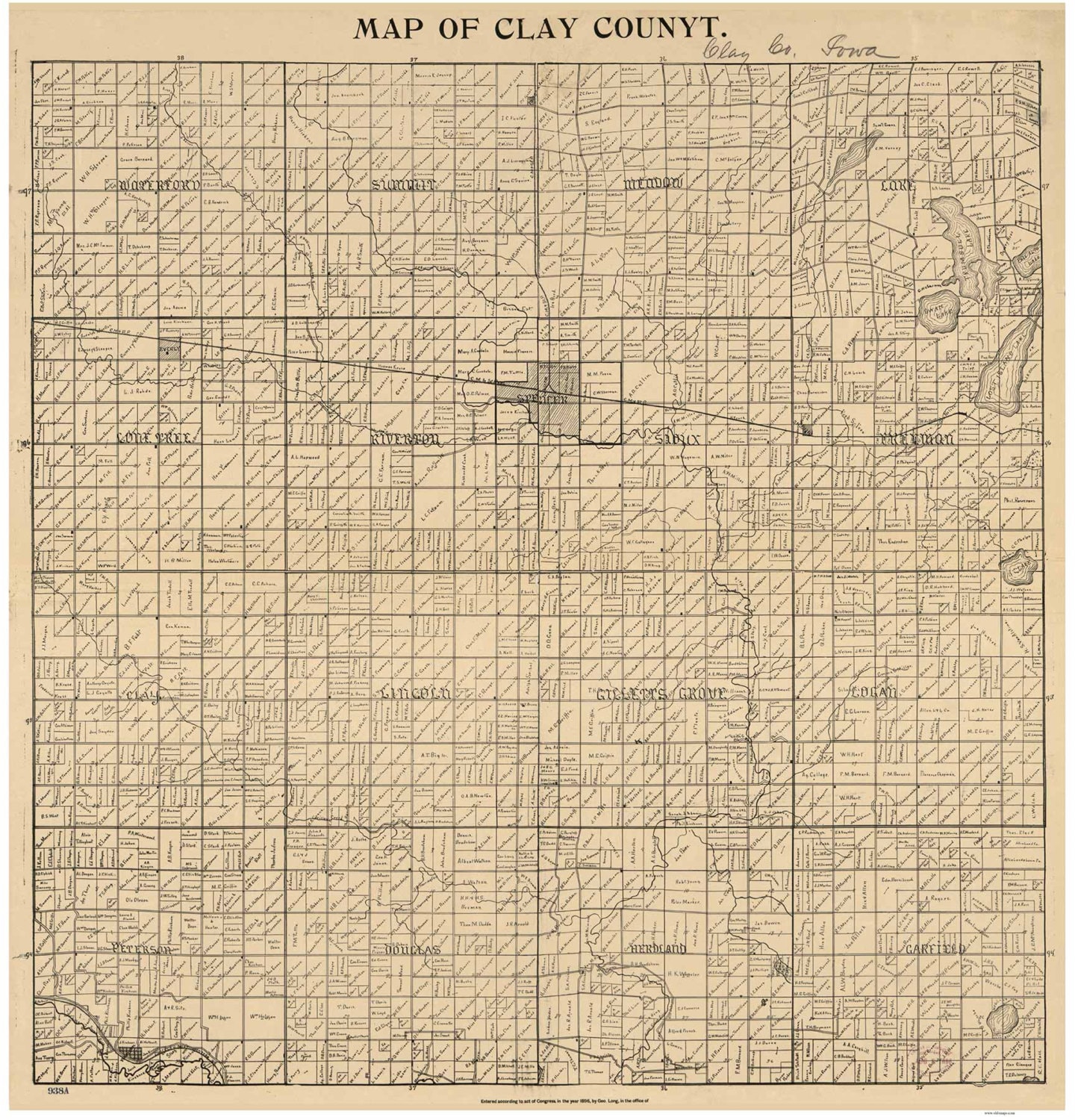 Clay County Iowa 1896 Old Wall Map With Landowner Names Farm | Etsy