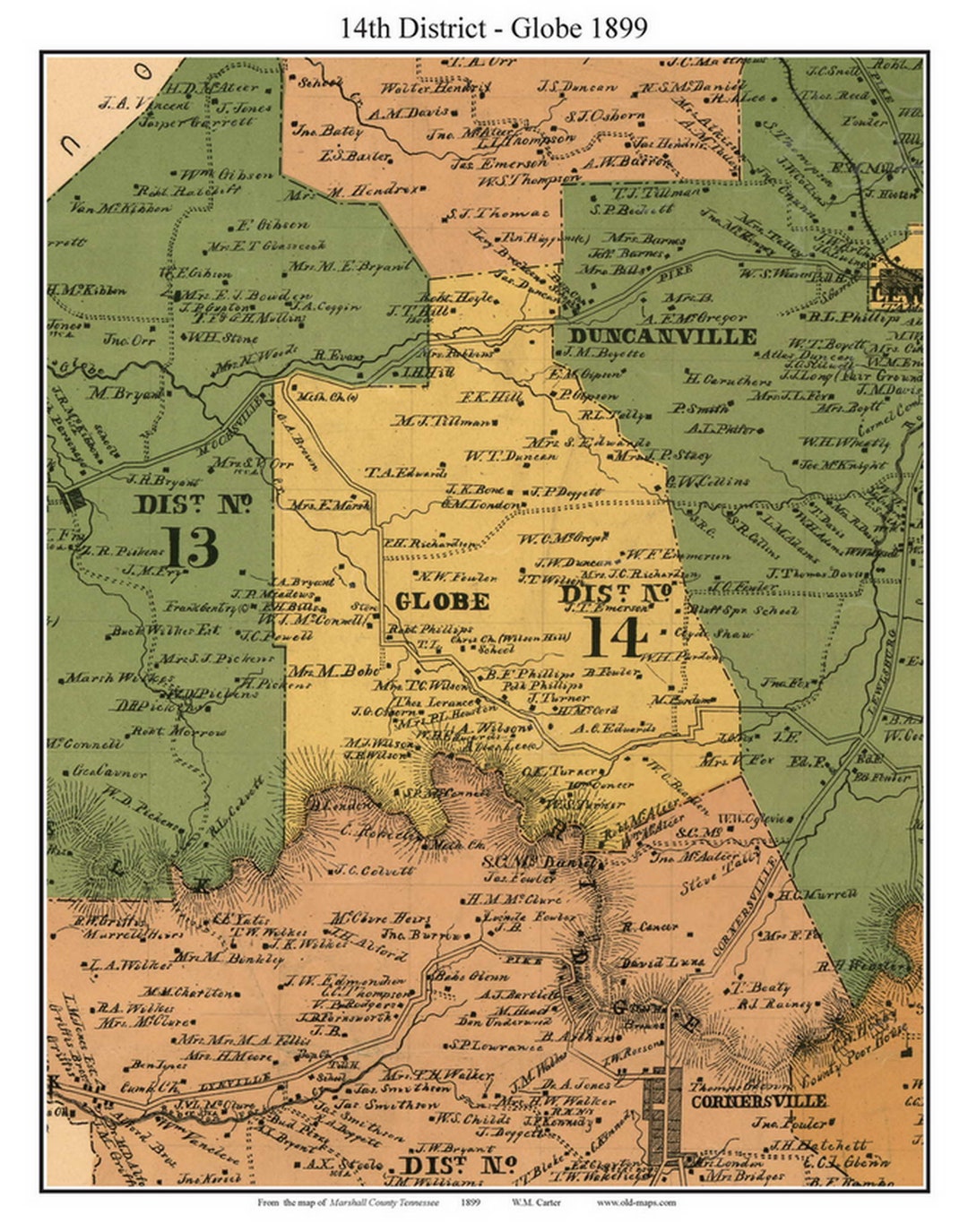 District 14 Globe 1899 Old Town Map With Homeowner Names Tennessee ...