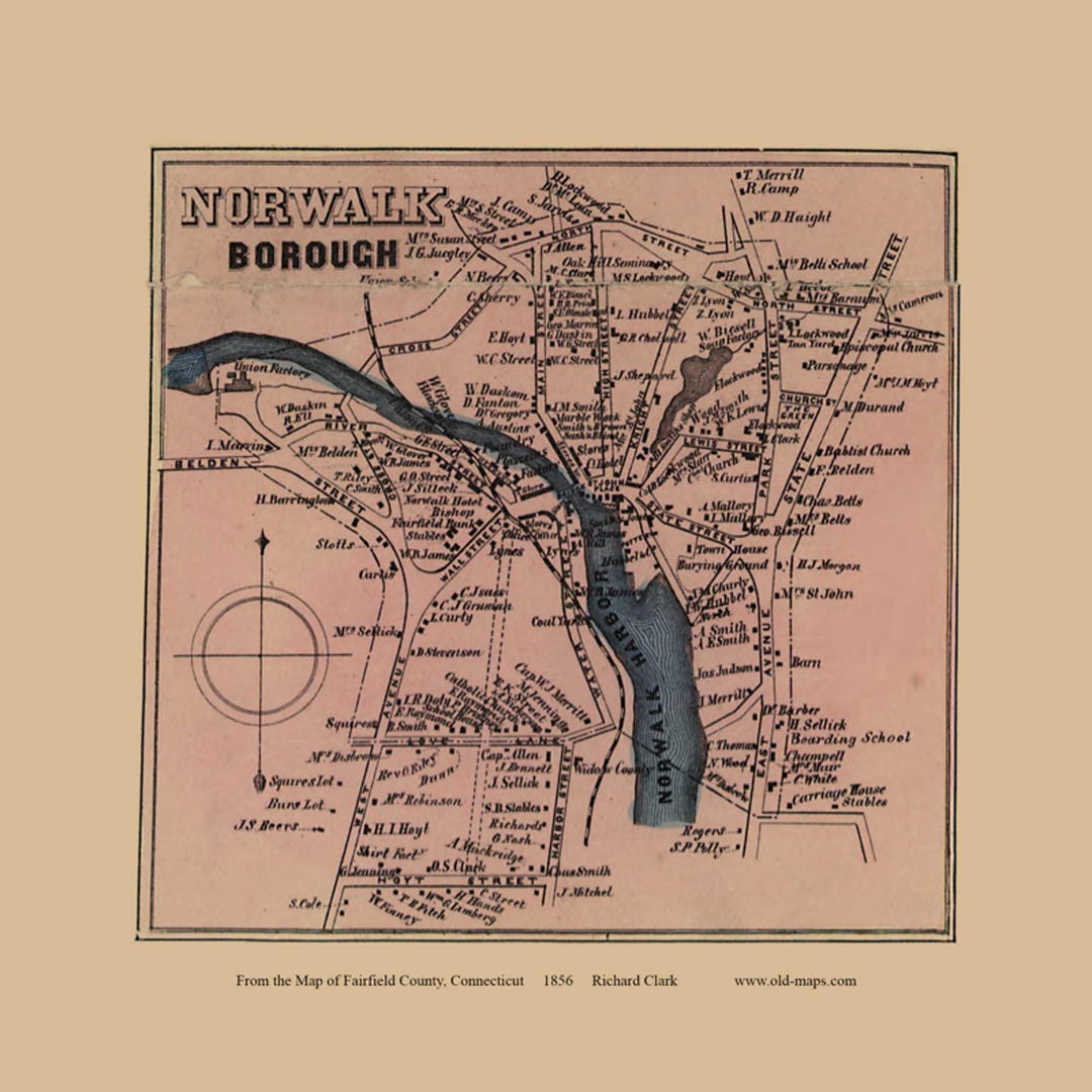Norwalk Borough 1856 Old Town Map With Homeowner Names Connecticut ...