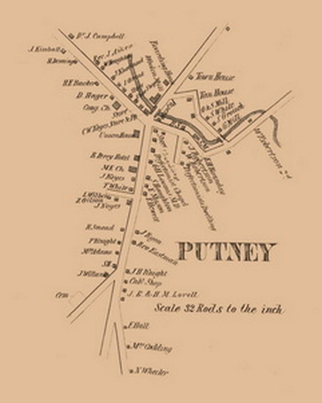 Putney Village 1856 Old Town Map With Homeowner Names Vermont - Reprint ...