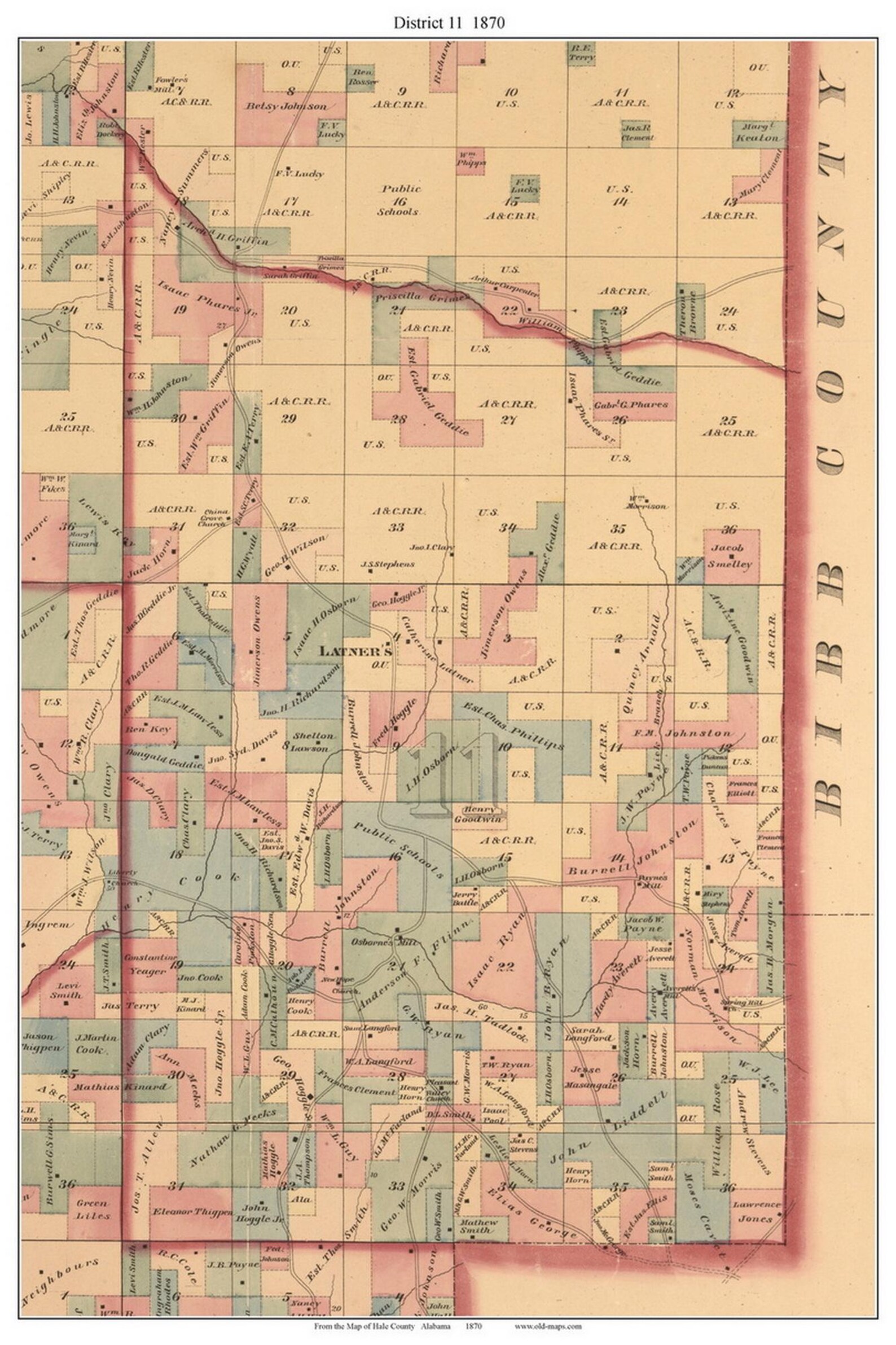 District 11 1870 Old Town Map With Homeowner Names - Alabama - Reprint ...