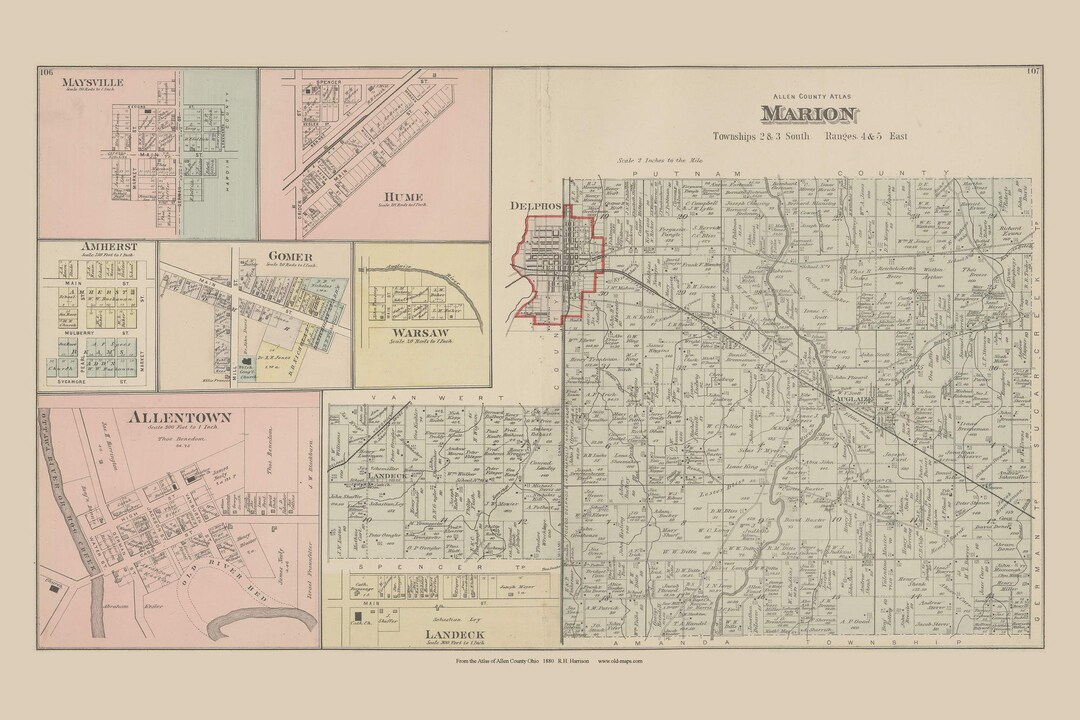 Marion 1880 - Old Town Map Reprint - Maysville, Hume, Amherst, Gomer ...