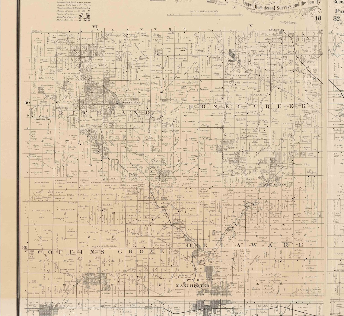 Delaware County Iowa 1882 Old Wall Map With Landowner Names Farm Lines ...