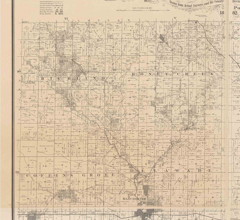 Delaware County Iowa 1882 Old Wall Map With Landowner Names Farm Lines ...