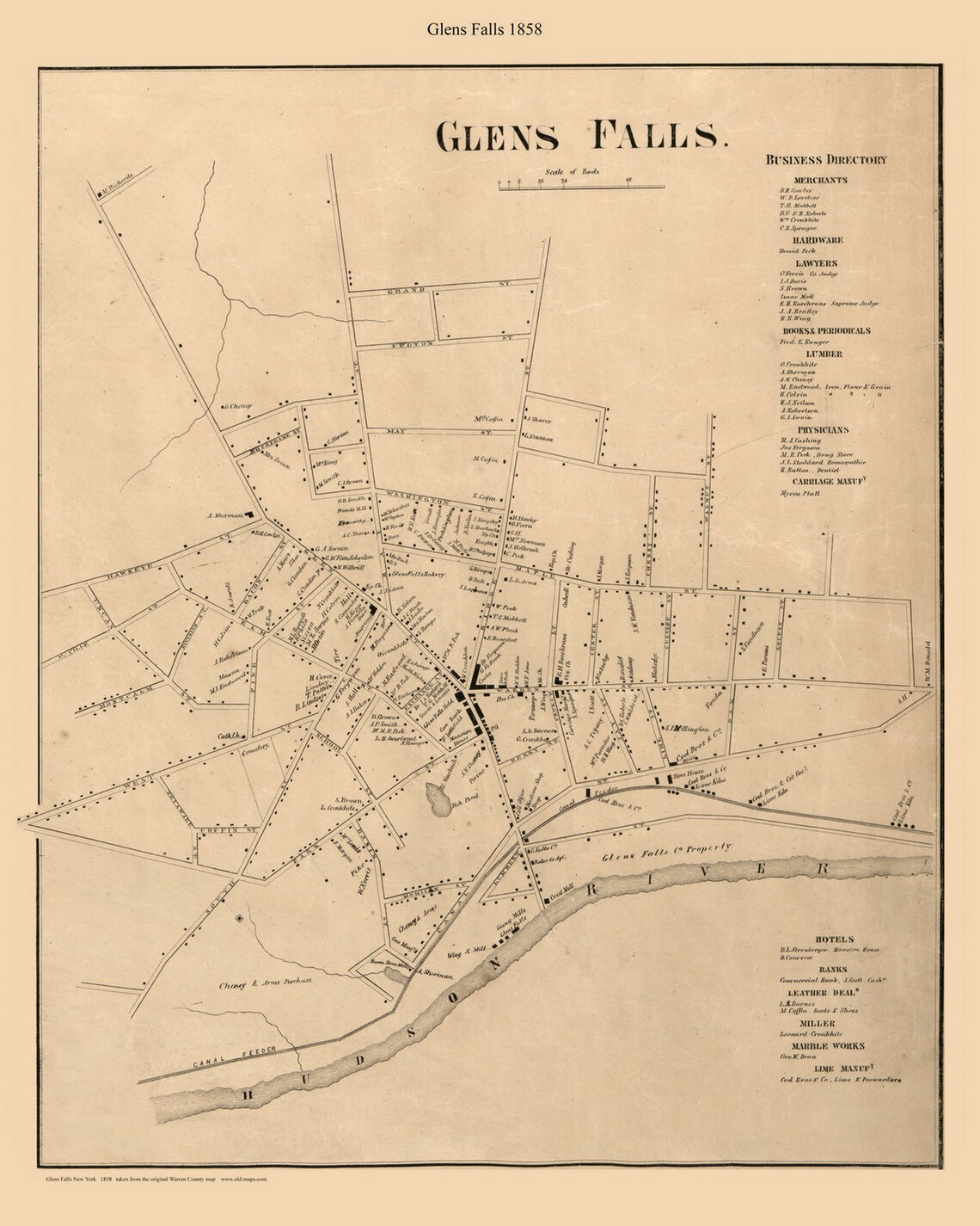 Glens Falls 1858 Old Town Map With Homeowner Names New York Queensbury ...