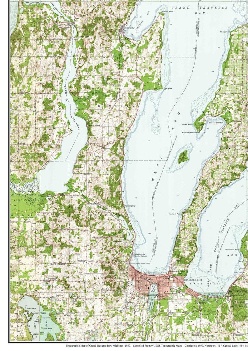 Grand Traverse Bay Michigan 1957 USGS Old Topo Map Custom Composite ...