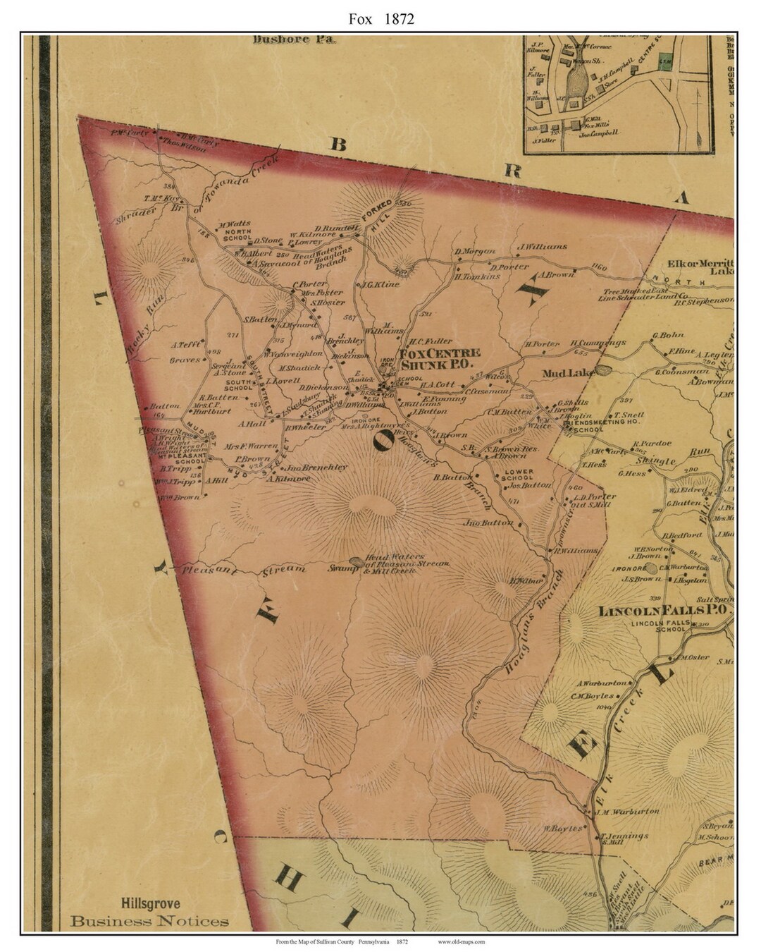 Fox 1872 Old Town Map With Homeowner Names Shunk - Pennsylvania ...