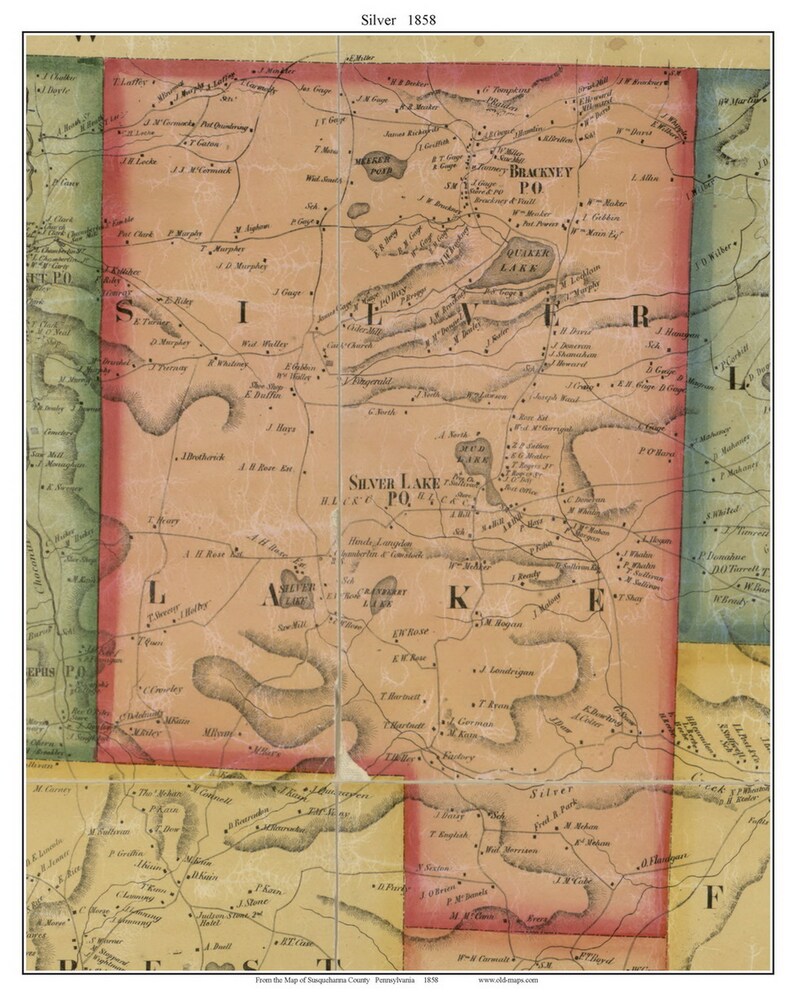 Silver 1858 Old Town Map With Homeowner Names Brackney Quaker Lake ...