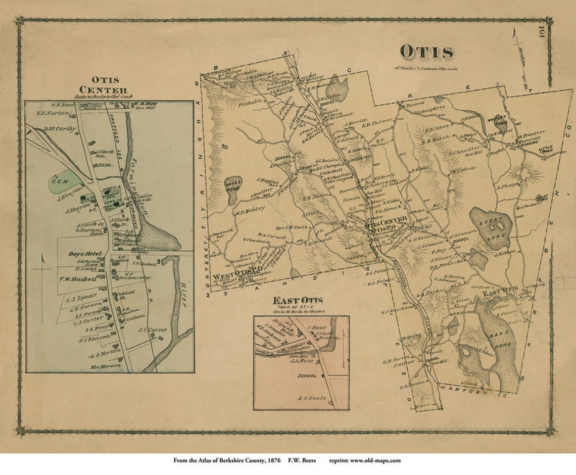 Otis 1876 Old Town Map Reprint Otis Center East Otis | Etsy