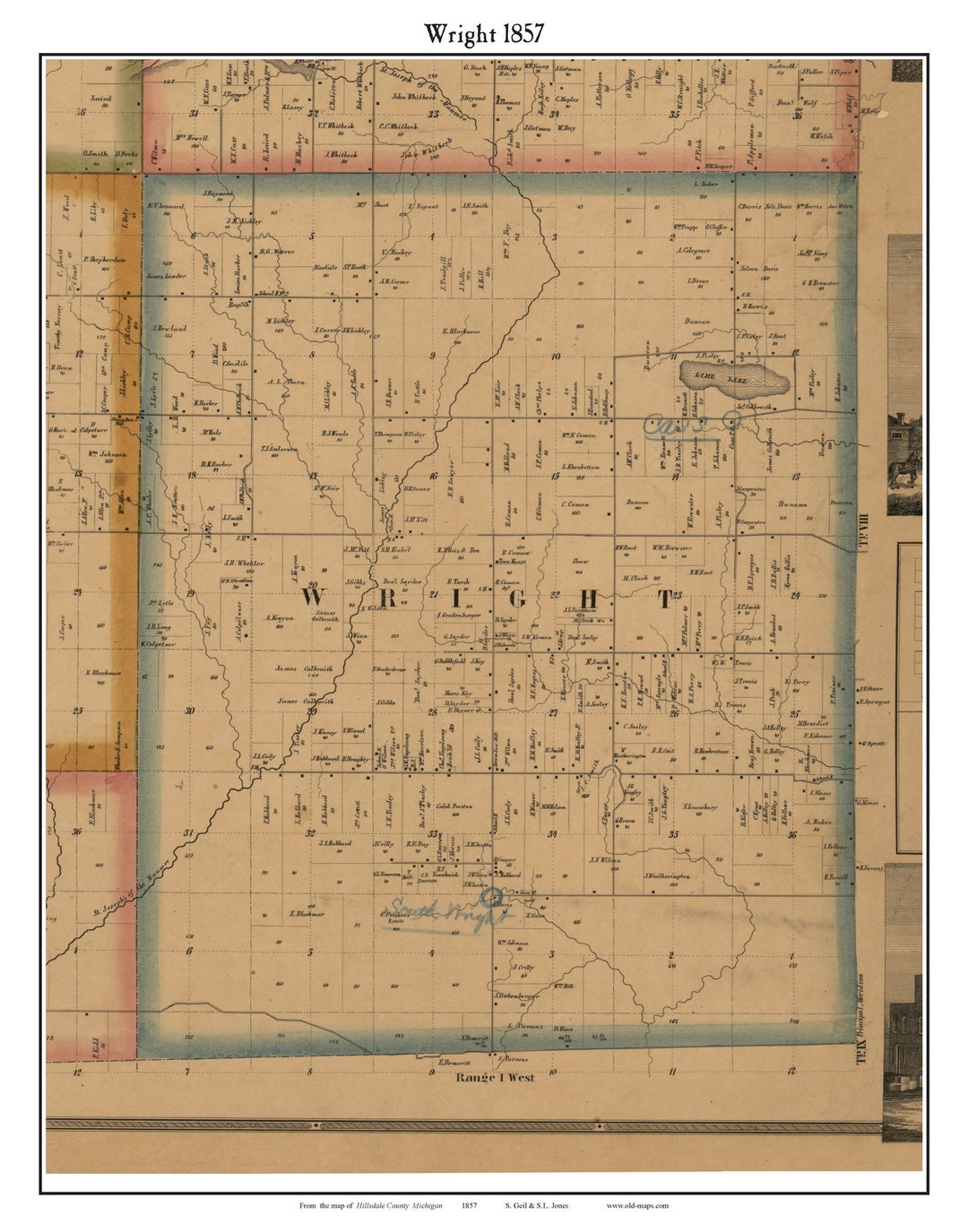 Wright 1857 Old Town Map With Homeowner Names - Lime Lake - Michigan ...