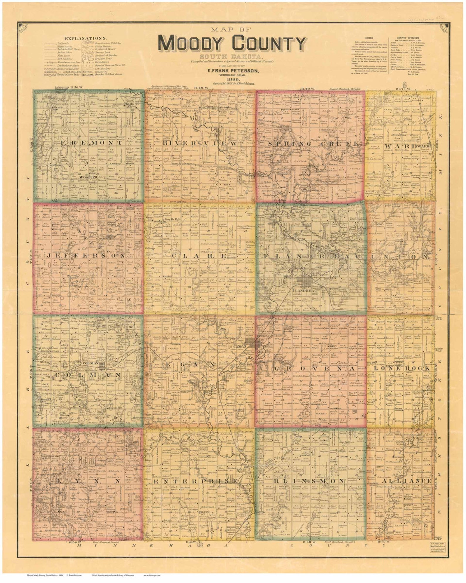 Moody County South Dakota 1896 - Old Wall Map With Landowner Names ...