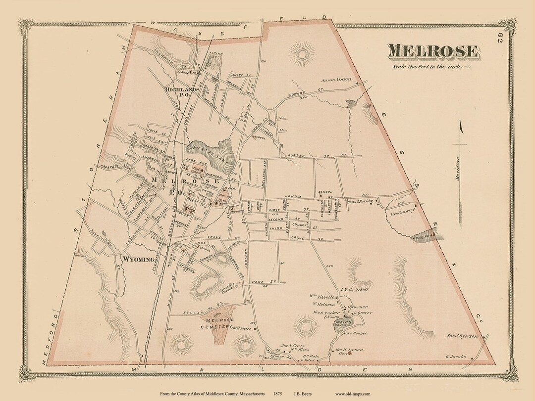 Melrose - 1875 - Old Town Map Reprint - Middlesex County, Massachusetts ...