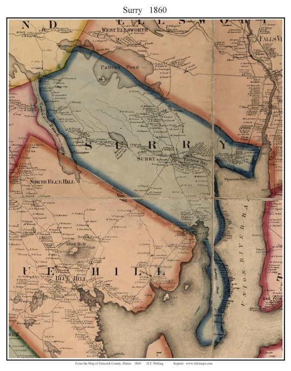 Surry 1860 Old Town Map with Homeowner Names Maine Reprint | Etsy