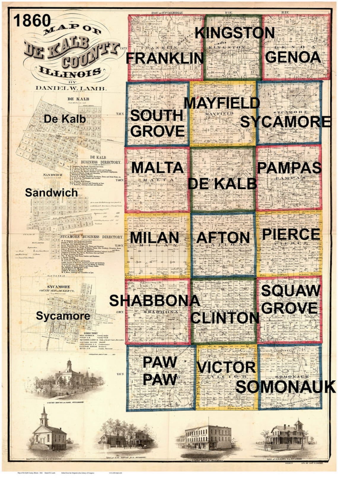 Dekalb County Illinois 1860 Old Wall Map Reprint With | Etsy