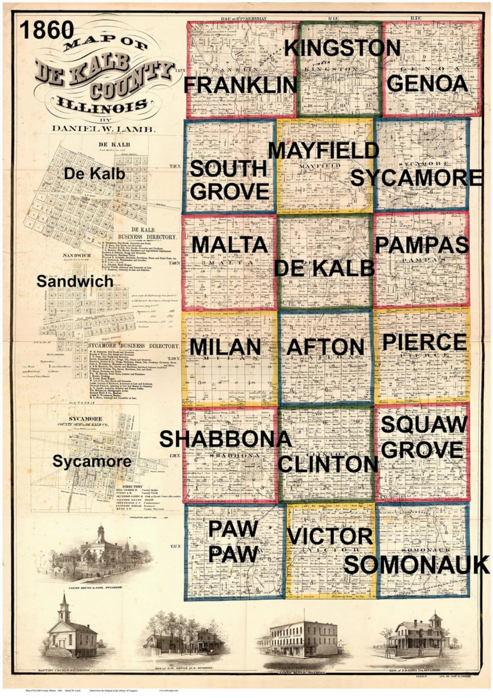 Dekalb County Illinois 1860 - Old Wall Map Reprint With Landowner Names ...