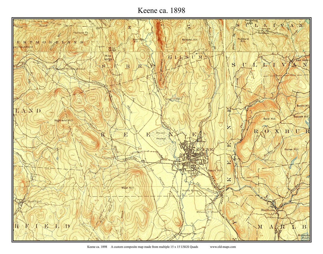 Keene - 1898 Old Town Map USGS Topographic Custom Composite Reprint ...
