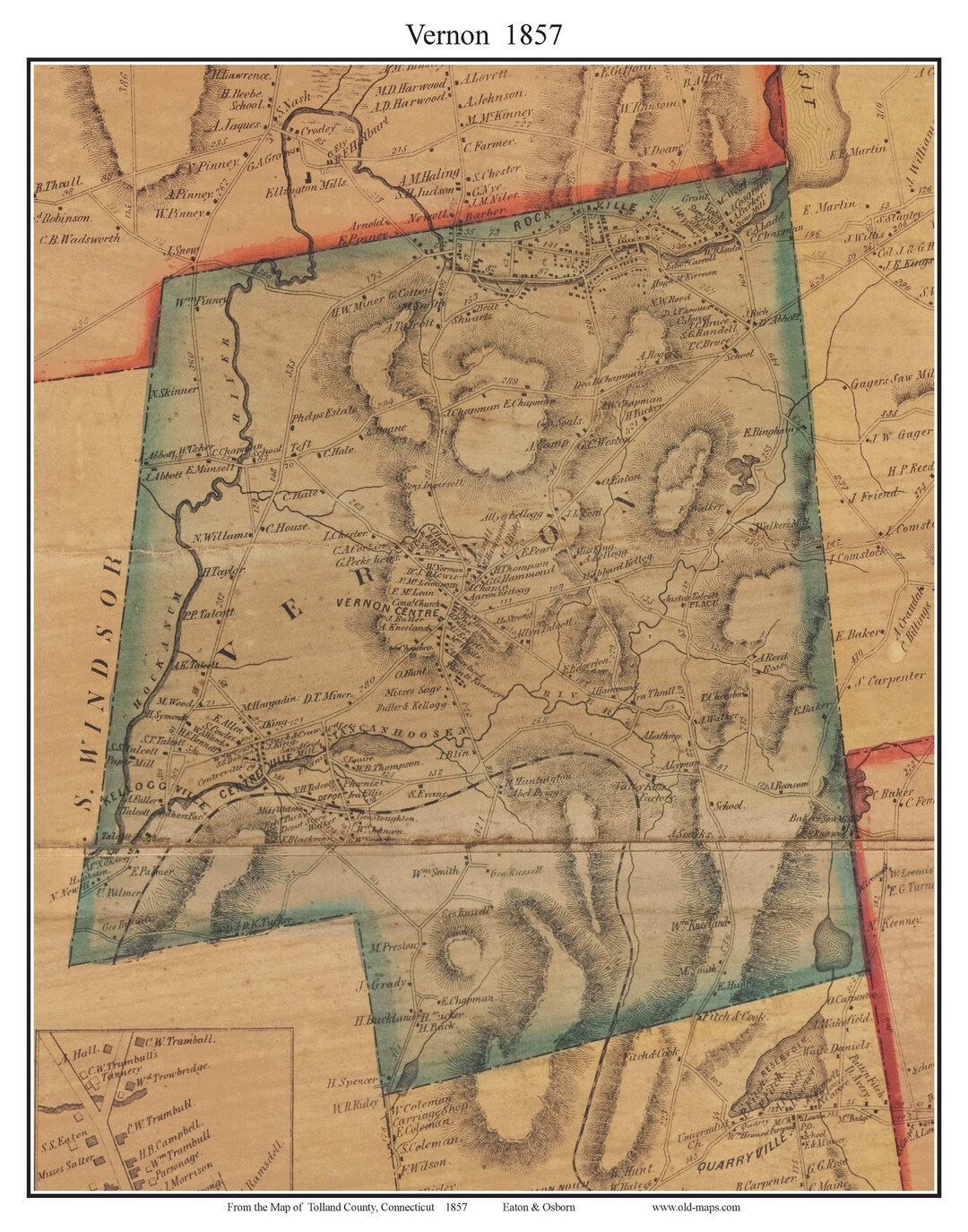 Vernon 1857 Old Town Map With Homeowner Names Connecticut - Reprint ...