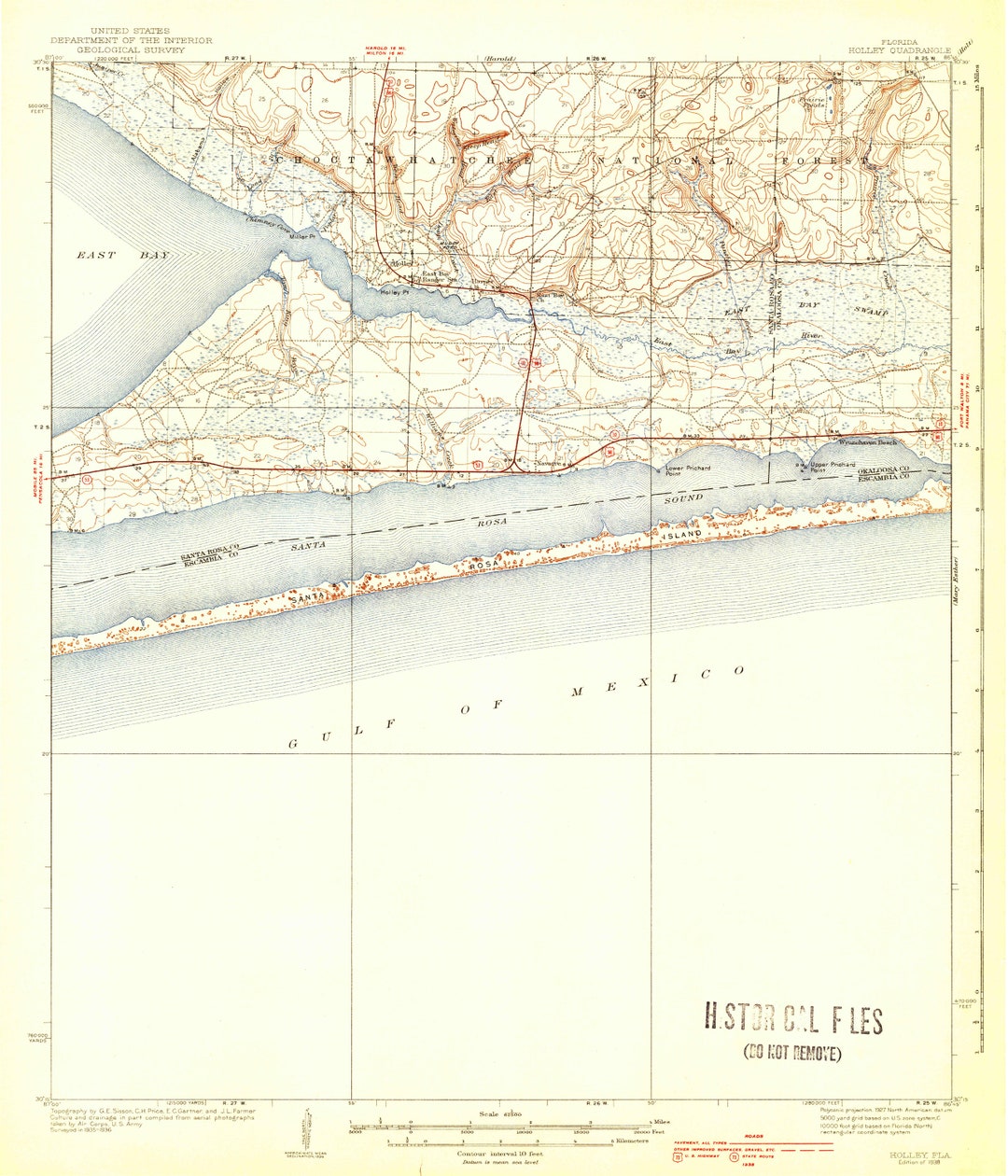 Holley 1938 Old Topo Map Santa Rosa Island Choctowatchee National ...