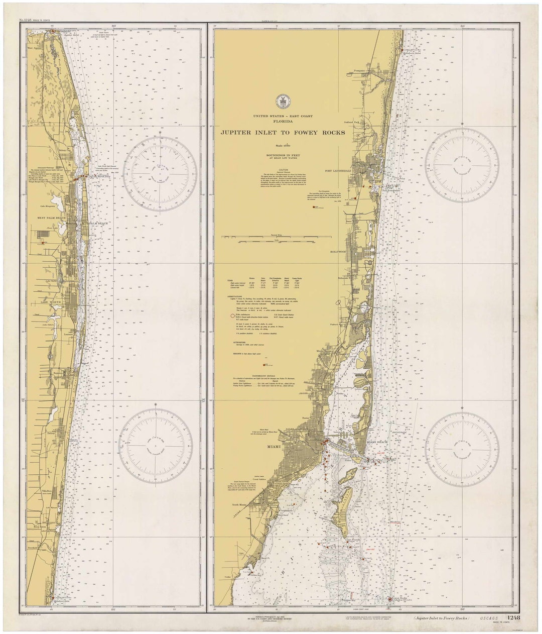 Jupiter Inlet to Fowey Rocks 1934 - Old Nautical Map Florida 80000 AC ...