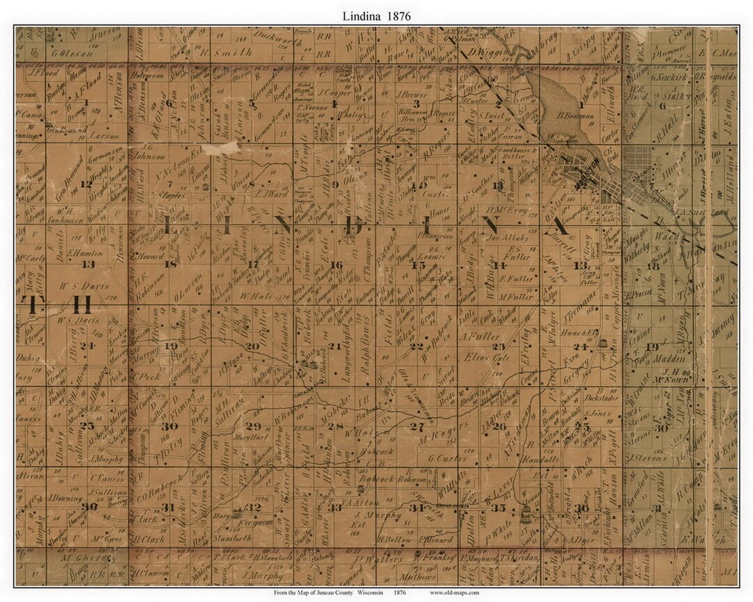 Lindina 1876 - Old Town Map With Homeowner Names - Mauston - Wisconsin ...