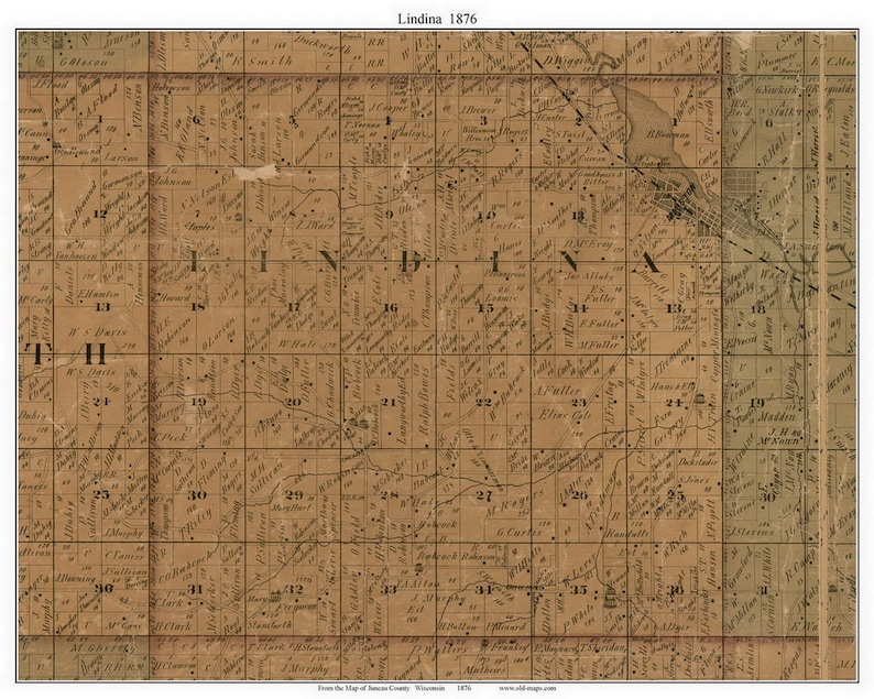 Lindina 1876 Old Town Map With Homeowner Names Mauston Wisconsin ...