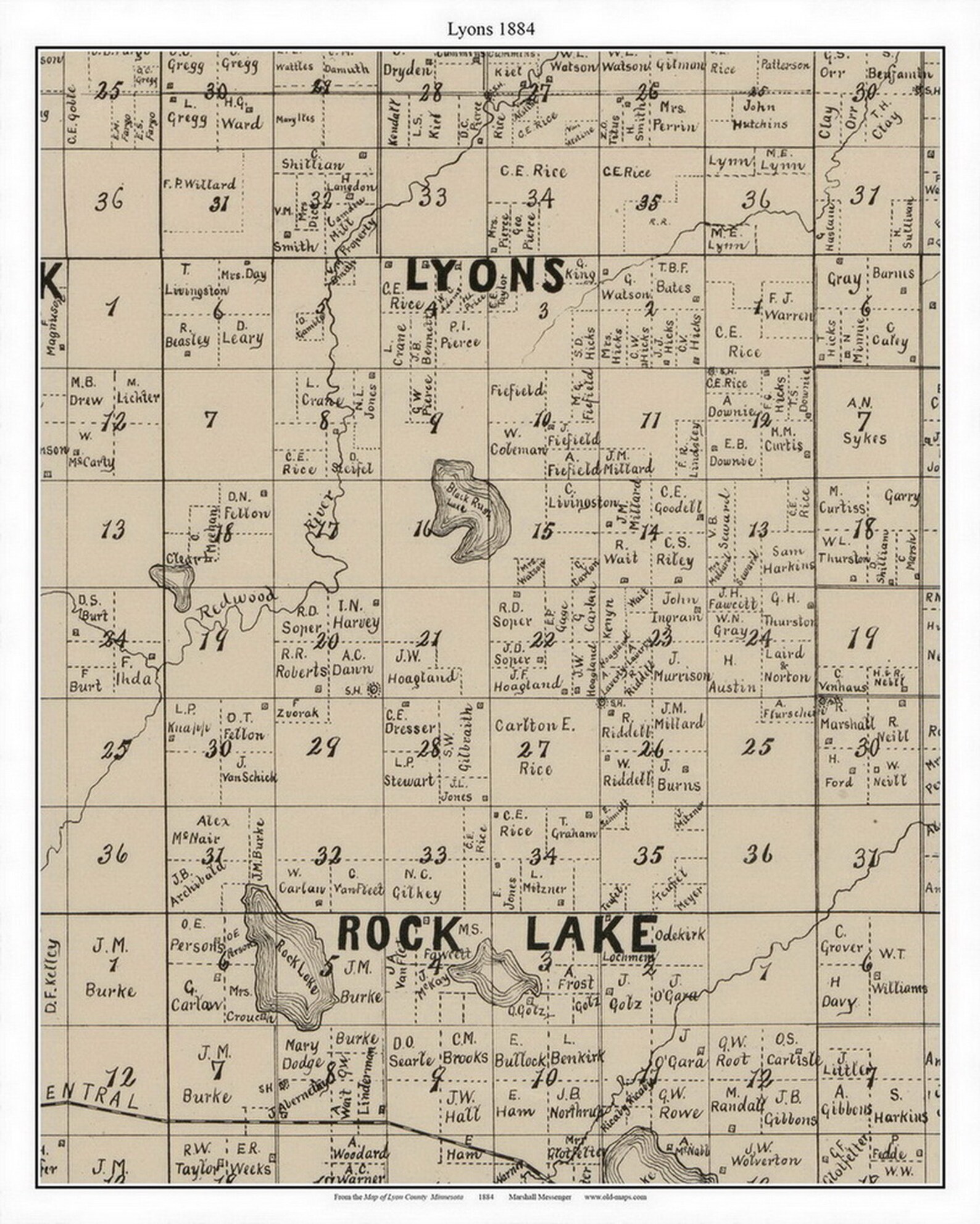 Lyons 1884 - Old Town Map With Homeowner Names Minnesota - Reprint ...