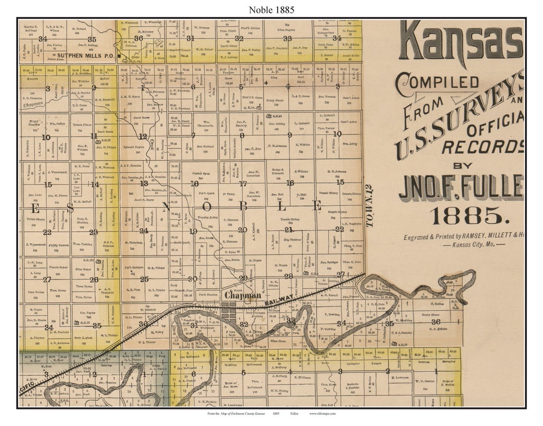 Noble 1885 - Old Town Map With Homeowner Names Chapman Kansas - Reprint ...