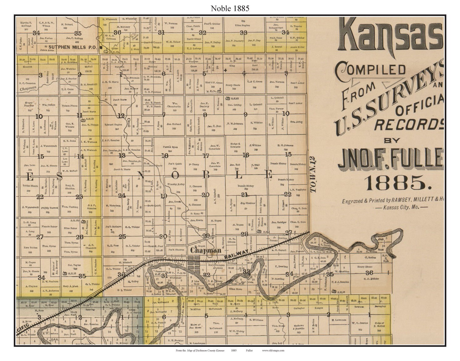 Noble 1885 Old Town Map With Homeowner Names Chapman Kansas - Etsy