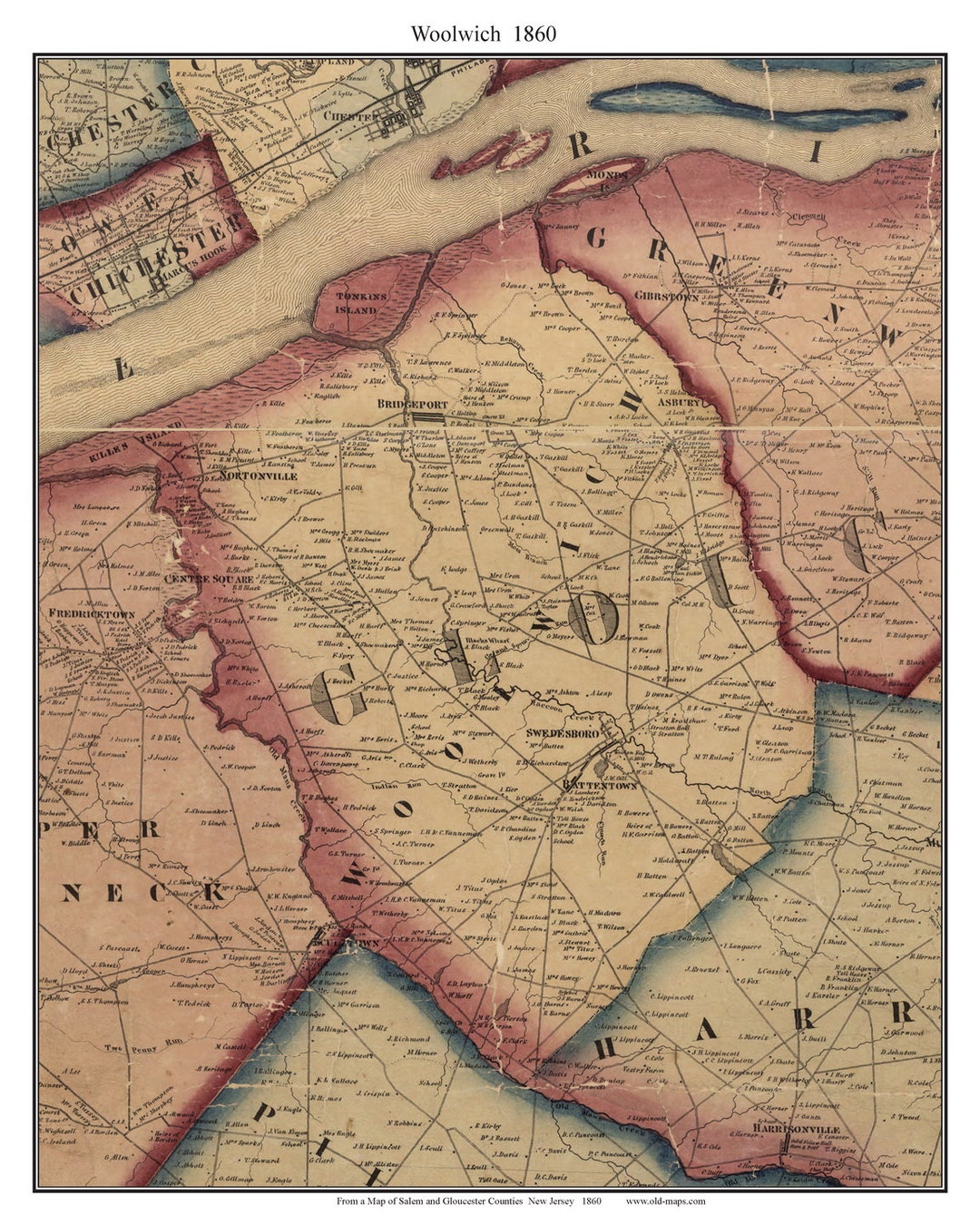 Woolwich 1860 Old Town Map With Homeowner Names New Jersey - Reprint ...