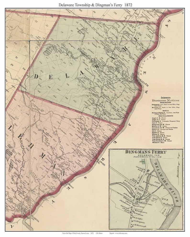 Delaware Township Dingman's Ferry 1872 Town Map With - Etsy