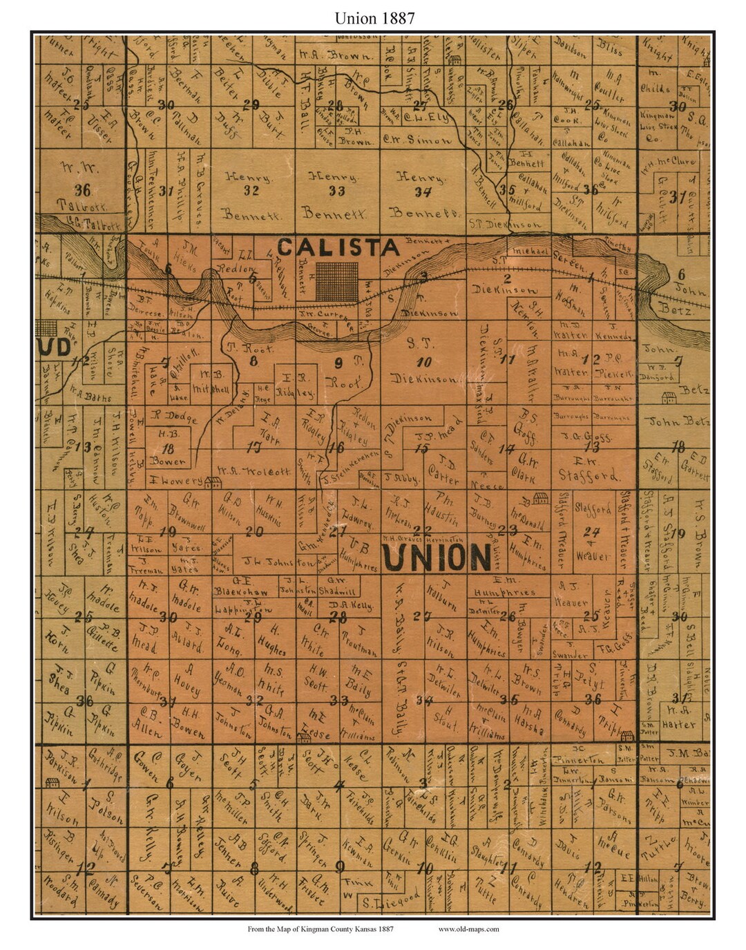Union 1887 Old Town Map With Homeowner Names Calista - Kansas - Reprint ...