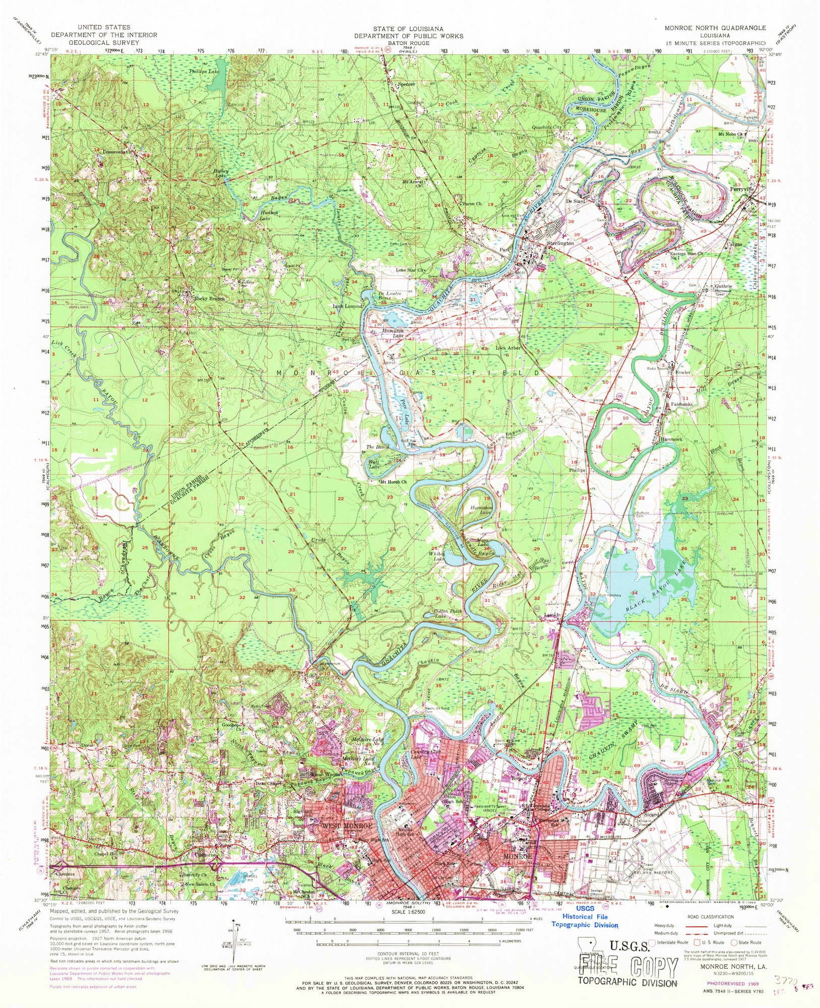 Monroe North 1969 Old Topo Map Black Bayou Lake Sterlington Quad ...