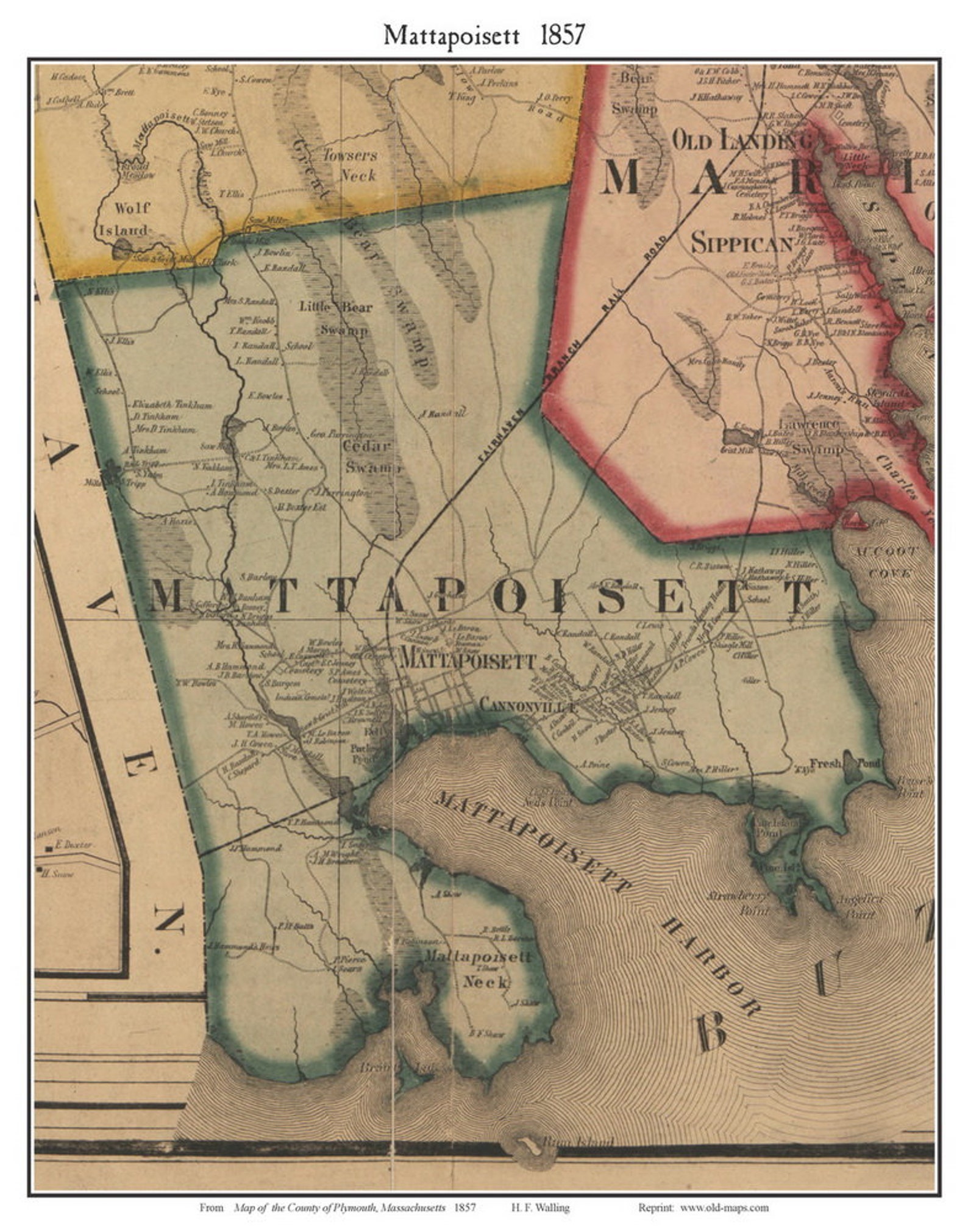 Mattapoisett 1857 Old Town Map With Homeowner Names Massachusetts ...