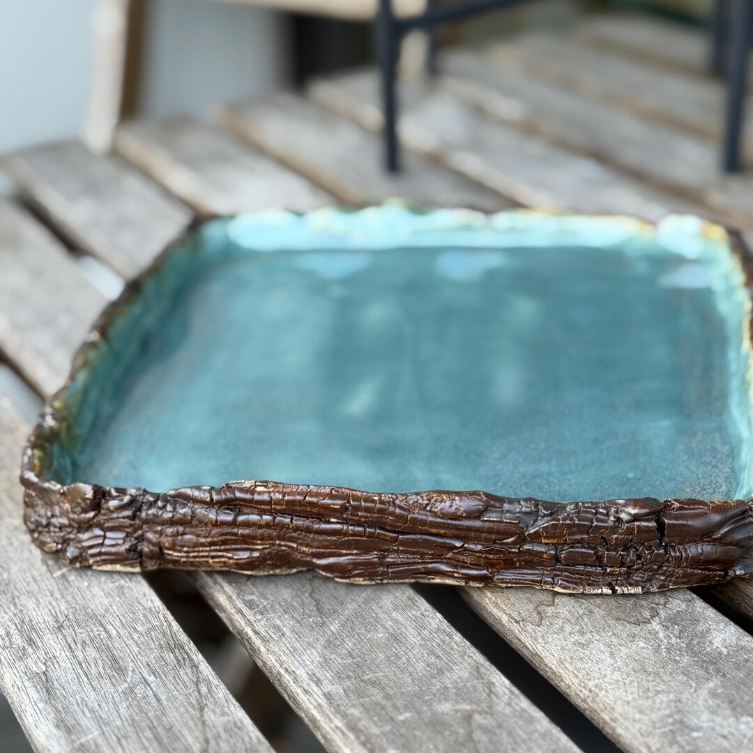 Hand Built Ceramic Serving Platter, Brown Walnut & Blue Glaze, 8 ...