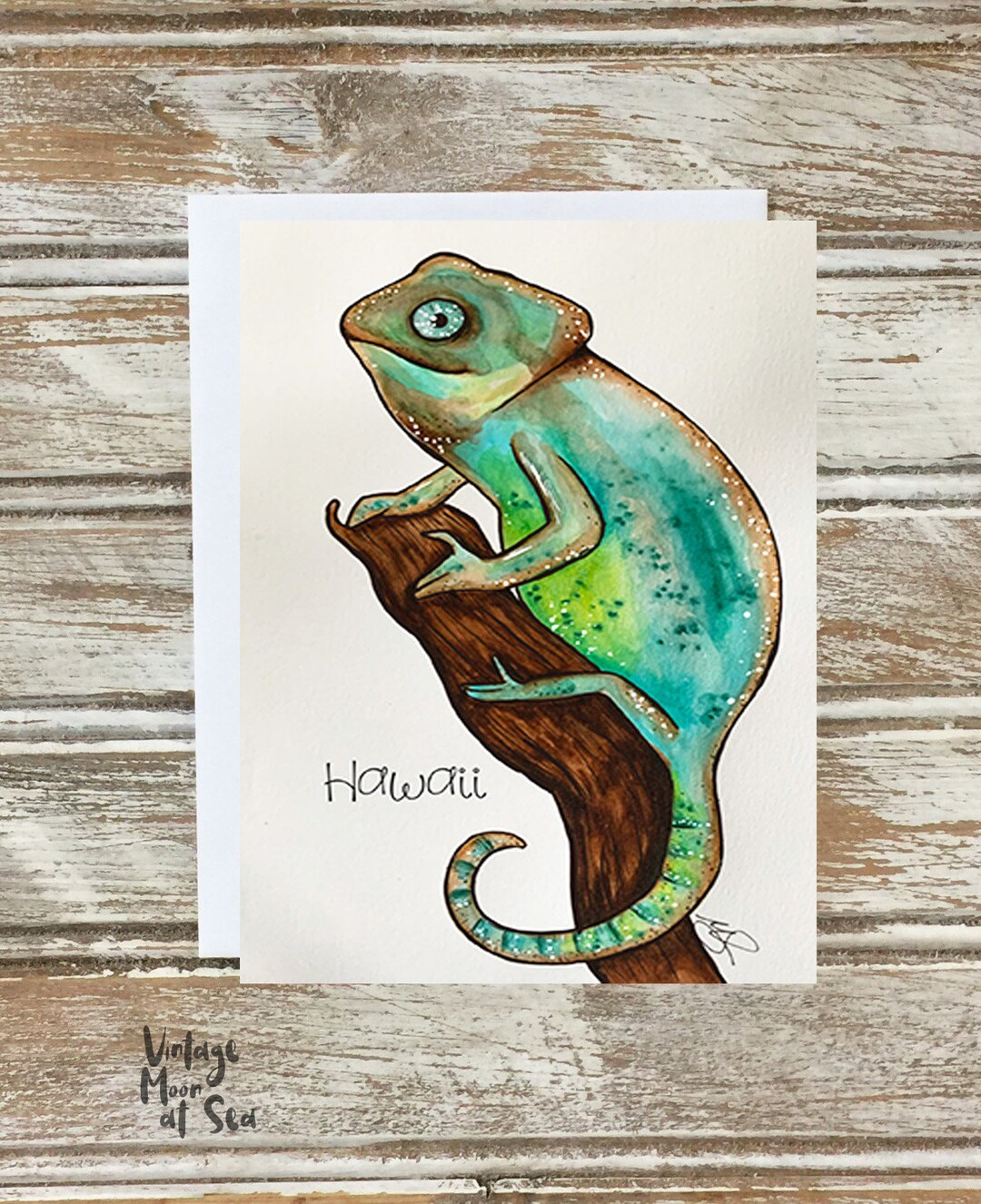 Chameleon Note Card, Whimsical Art Card, Hawaii Greeting Card, Blank ...