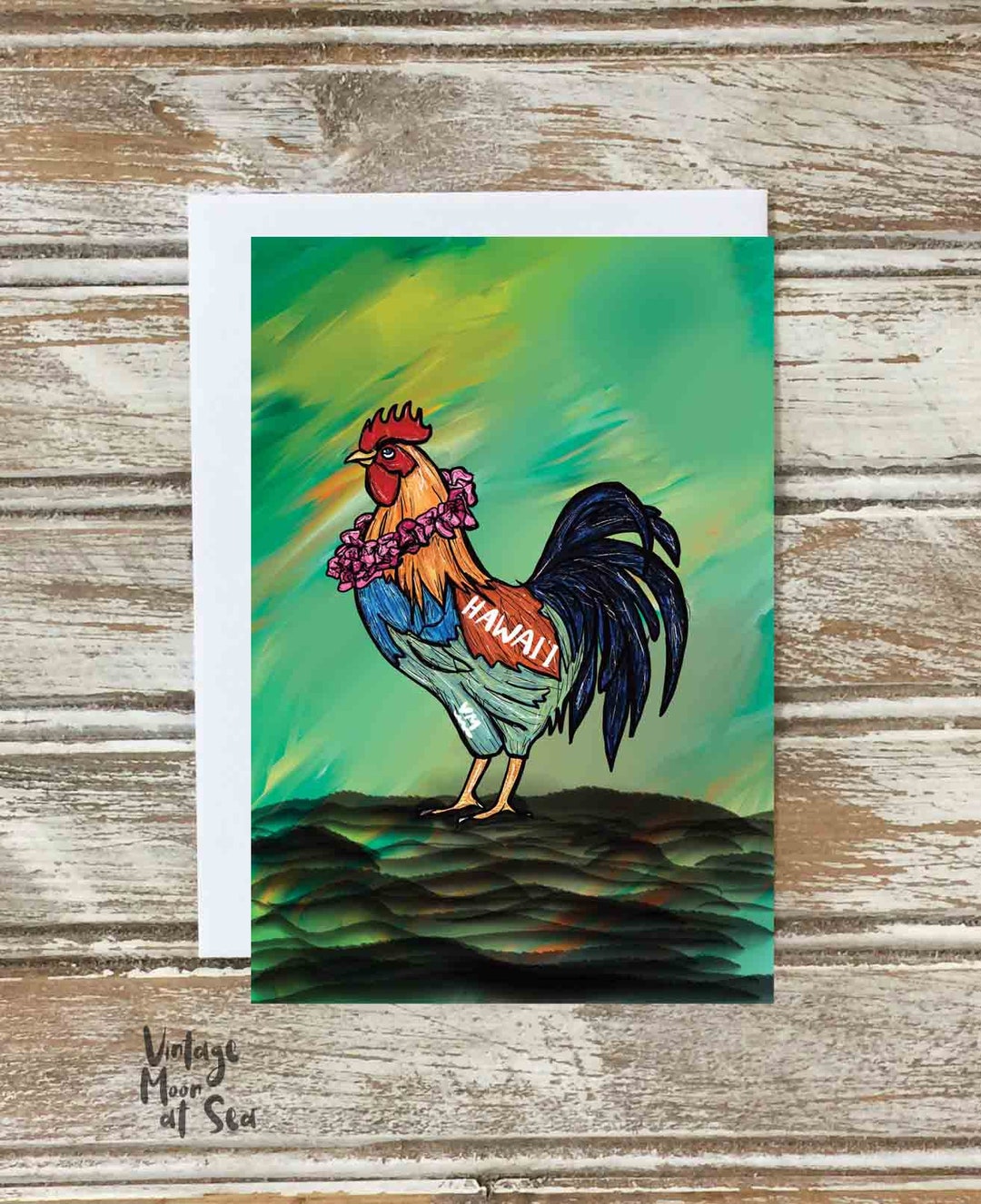 Rooster Note Card, Whimsical Art Card, Hawaii Greeting Card, Blank Card ...