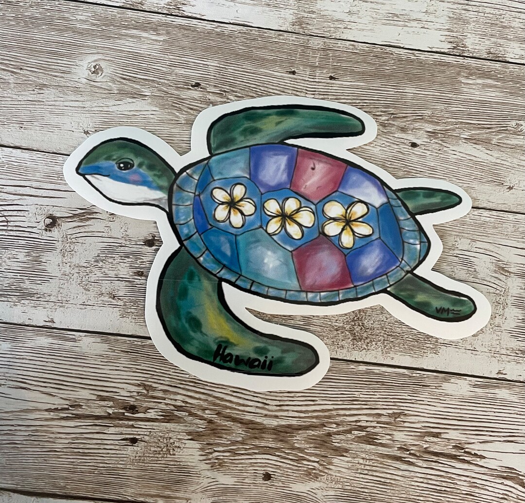 Honu Turtle With Plumerias Vinyl Waterproof Sticker, Water Bottle ...