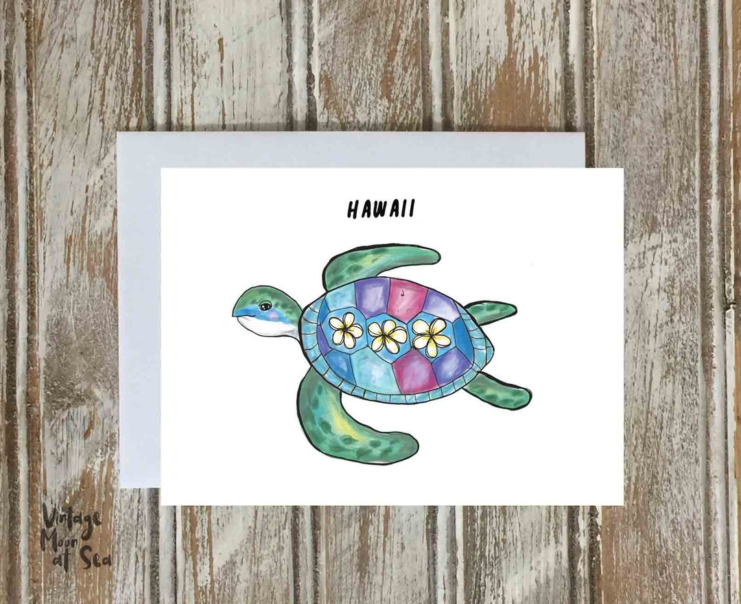 Honu With Plumerias Note Card, Whimsical Art Card, Hawaii Greeting Card ...