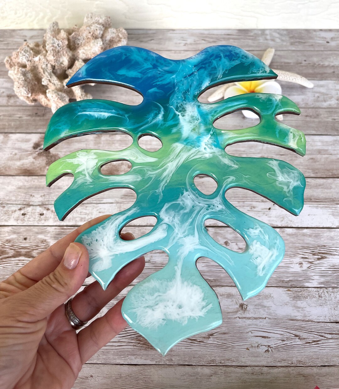 Monstera Art | 8" Resin Ocean Wave | Tropical Resin Art | Hawaii Art ...