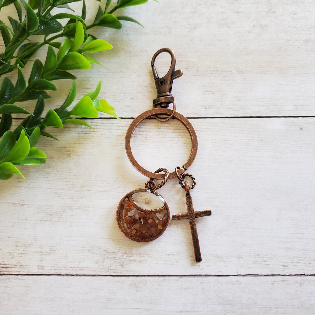 Copper Cross and Mustard Seed Keychain With Crushed Petrified Wood ...